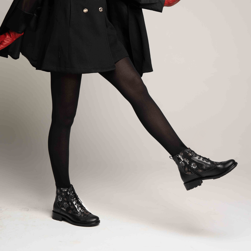 Milliner - Black Emboss - Women's leather round toe rubber sole ankle